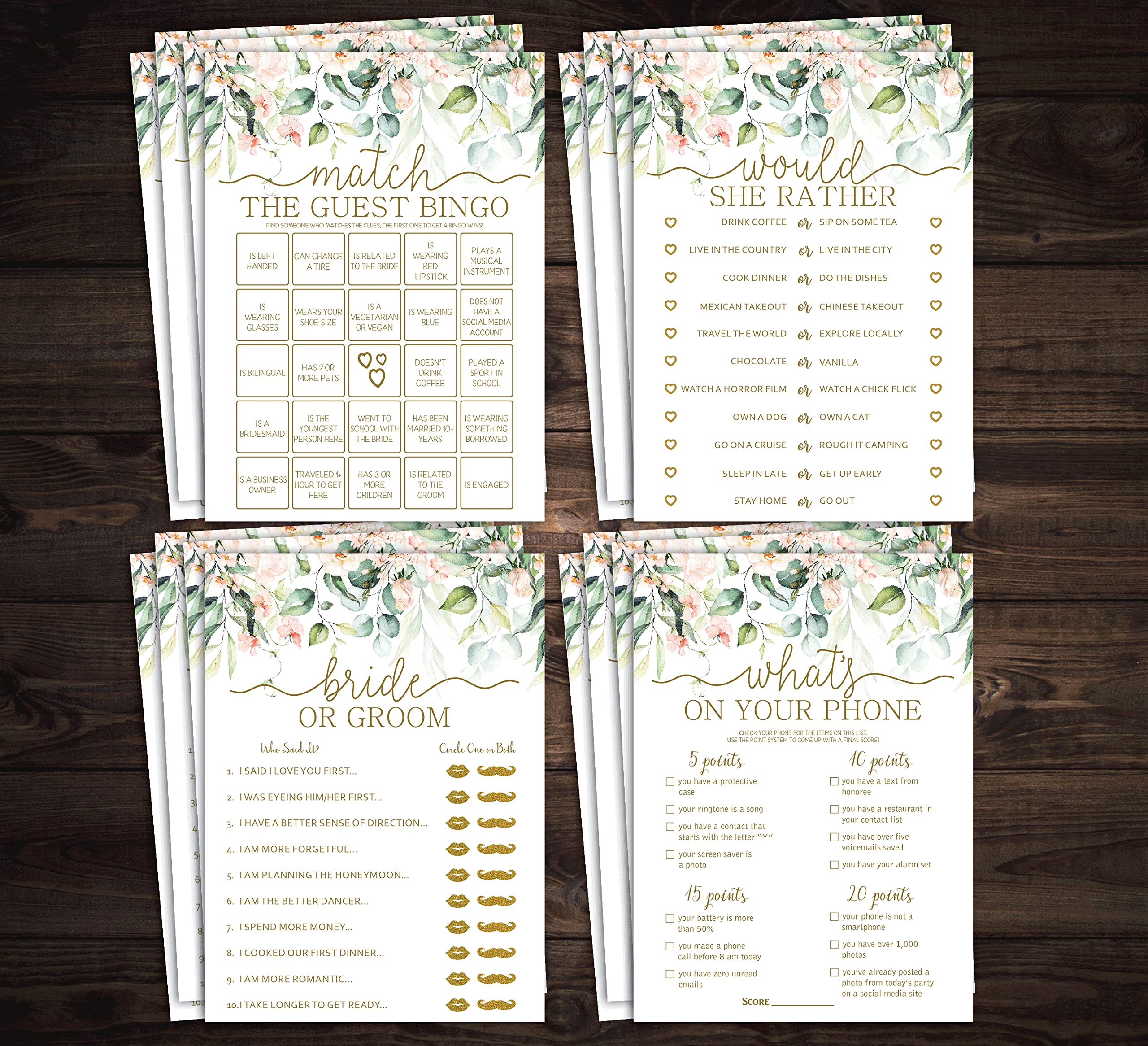 All Ewired Up Bridal Shower Bachelorette Games, Floral Watercolor Greenery Sage Gold Blush, He Said She Said, Find The Guest Quest, Would She Rather, What's in Your Phone Game, 25 Games Each…