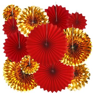 red and gold hanging paper fans - wedding anniversary bachelorette birthday graduation party christmas new years event party ceiling hangings photo booth backdrops decorations, 12pc