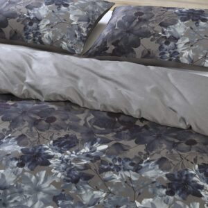 Brielle Camila Floral Printed/Charcoal Reverse 100% Cotton Duvet Cover Set, Blue/Charcoal, Full/Queen