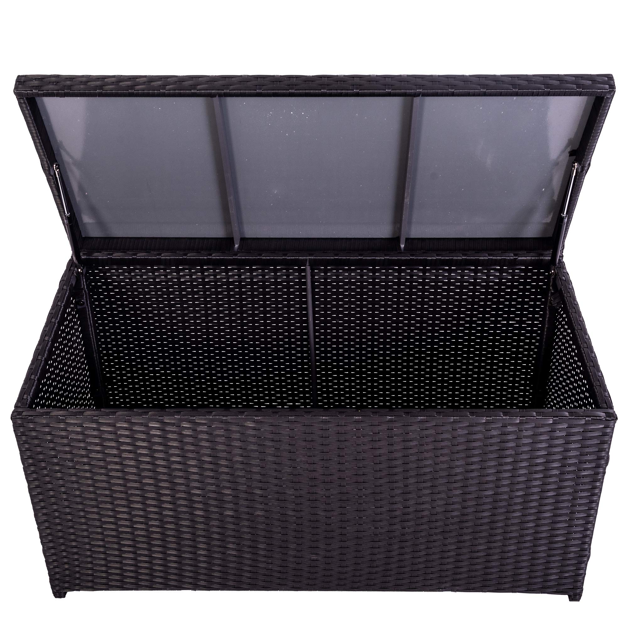 Aura Outdoor Patio Pool Wicker Storage Box, 70 Gallon Outdoor Cushion Storage Container, Outdoor Storage Bin for Cushins, Garden Supplies - PE Wicker Rattan, Aluminum, Black