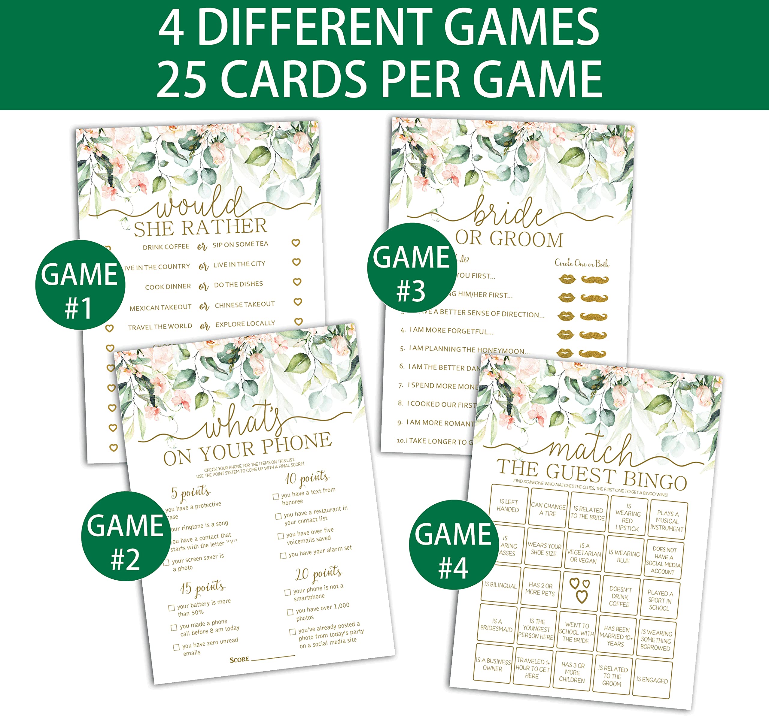 All Ewired Up Bridal Shower Bachelorette Games, Floral Watercolor Greenery Sage Gold Blush, He Said She Said, Find The Guest Quest, Would She Rather, What's in Your Phone Game, 25 Games Each…