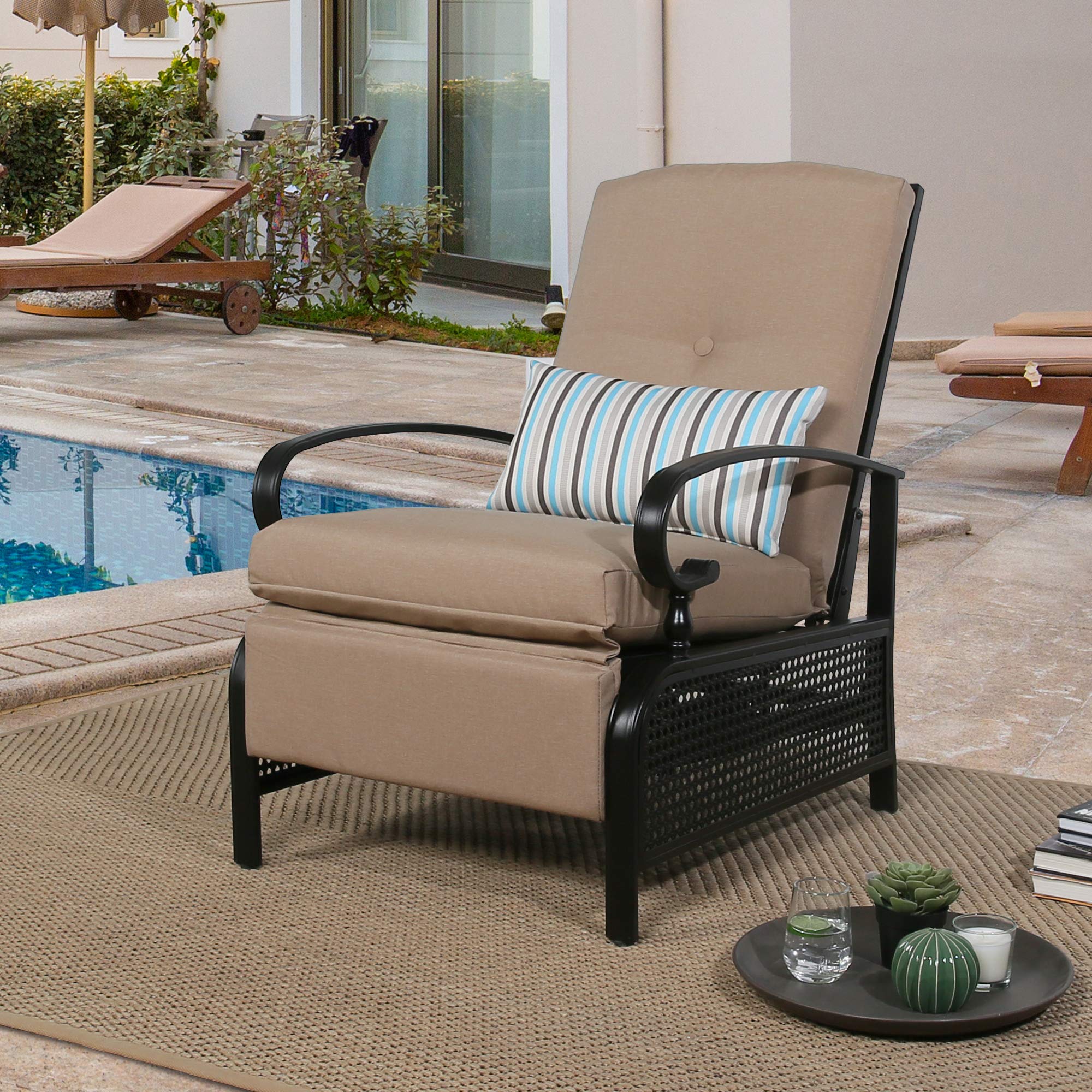 Iwicker Outdoor Adjustable Recliner Chair with Cushion, Patio Adjustable Lounge Chair with Armrests, Beige