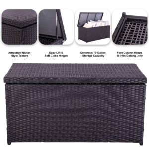 Aura Outdoor Patio Pool Wicker Storage Box, 70 Gallon Outdoor Cushion Storage Container, Outdoor Storage Bin for Cushins, Garden Supplies - PE Wicker Rattan, Aluminum, Black