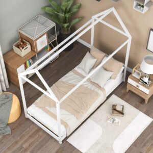 House Twin Bed Frame Wooden Platform Bed for Kids,No Box Spring Needed, White