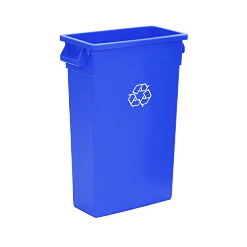 AmazonCommercial Rectangular Commercial Slim Trash Can, w/Recycle Logo, 23 gallon (Pack of 1), Blue