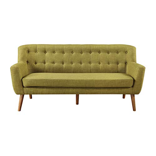 OSP Home Furnishings Mill Lane Mid-Century Modern Sofa with Button Tufted Design and Spring Cushion Support, Green Fabric