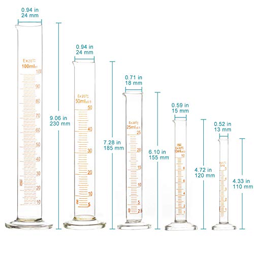 StonyLab Graduated Cylinder Set, 12 Pcs - Include 5 Borosilicate Glass Measuring Cylinders in 5 ml/10 ml/25 ml/50 ml/100 ml,3 Pipettes, 2 Stirring Rods & 2 Clean Brushes