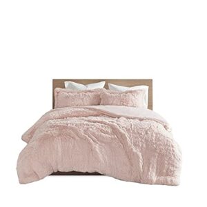 Intelligent Design Malea Shaggy Duvet with Quilted Box Design, Long Faux Fur Comforter Cover Cozy Bedding Set, Matching Shams, (Insert Not Included) Full/Queen, Blush 3 Piece, 90x90