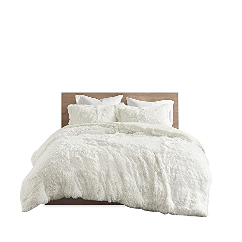 Intelligent Design Malea Shaggy Duvet with Quilted Box Design, Long Faux Fur Comforter Cover Cozy Bedding Set, Matching Shams, (Insert Not Included) Full/Queen, Ivory 3 Piece, 90x90