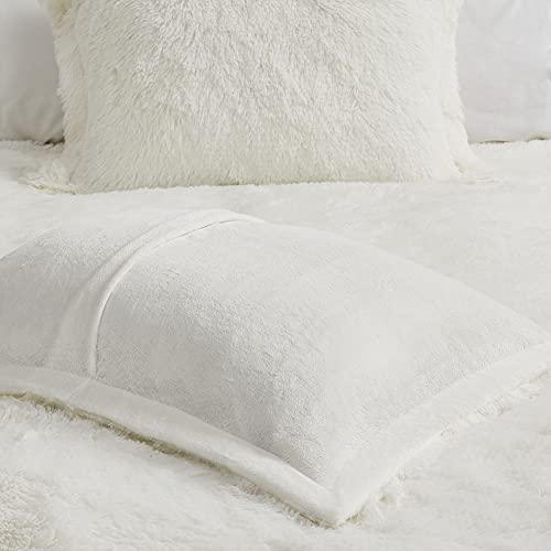 Intelligent Design Malea Shaggy Duvet with Quilted Box Design, Long Faux Fur Comforter Cover Cozy Bedding Set, Matching Shams, (Insert Not Included) Full/Queen, Ivory 3 Piece, 90x90