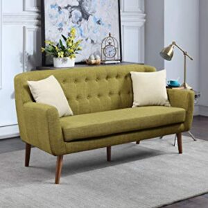 OSP Home Furnishings Mill Lane Mid-Century Modern Sofa with Button Tufted Design and Spring Cushion Support, Green Fabric