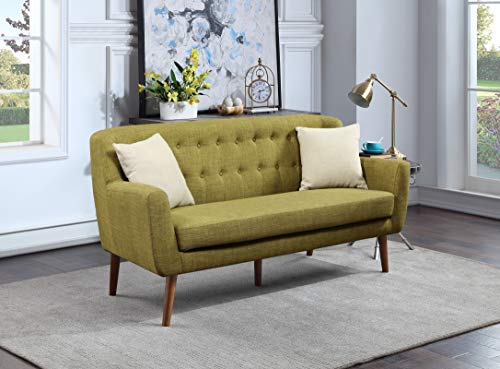 OSP Home Furnishings Mill Lane Mid-Century Modern Sofa with Button Tufted Design and Spring Cushion Support, Green Fabric