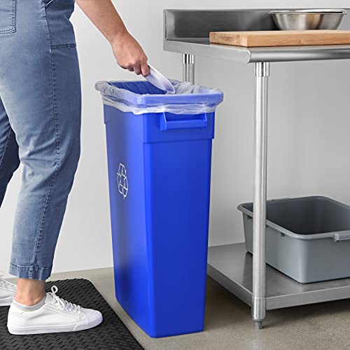 AmazonCommercial Rectangular Commercial Slim Trash Can, w/Recycle Logo, 23 gallon (Pack of 1), Blue