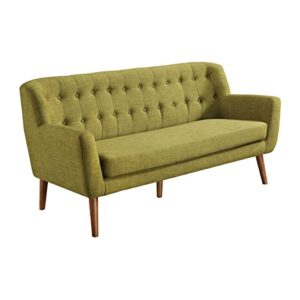 osp home furnishings mill lane mid-century modern sofa with button tufted design and spring cushion support, green fabric