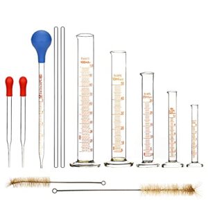 stonylab graduated cylinder set, 12 pcs - include 5 borosilicate glass measuring cylinders in 5 ml/10 ml/25 ml/50 ml/100 ml,3 pipettes, 2 stirring rods & 2 clean brushes