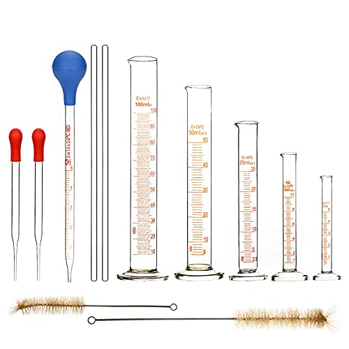 StonyLab Graduated Cylinder Set, 12 Pcs - Include 5 Borosilicate Glass Measuring Cylinders in 5 ml/10 ml/25 ml/50 ml/100 ml,3 Pipettes, 2 Stirring Rods & 2 Clean Brushes