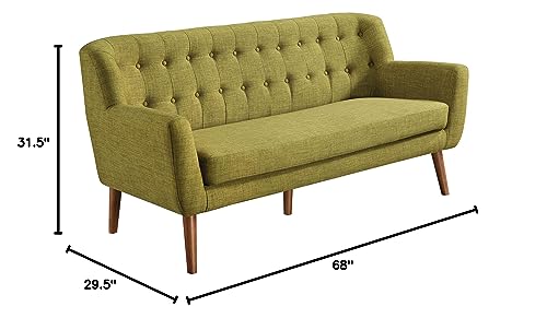 OSP Home Furnishings Mill Lane Mid-Century Modern Sofa with Button Tufted Design and Spring Cushion Support, Green Fabric