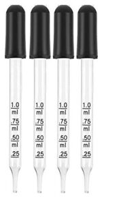 pack of 4 graduated 1ml, glass dropper with black suction bulb, medicine eye droppers 3" straight tip calibrated for essential oils, science laboratory medicine art liquid plant nutrients