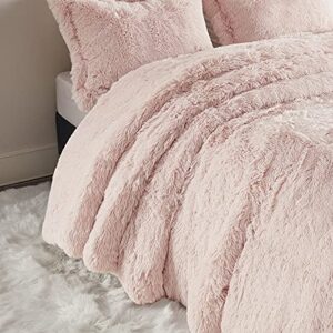 Intelligent Design Malea Shaggy Duvet with Quilted Box Design, Long Faux Fur Comforter Cover Cozy Bedding Set, Matching Shams, (Insert Not Included) Full/Queen, Blush 3 Piece, 90x90