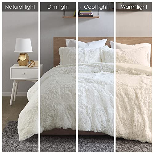 Intelligent Design Malea Shaggy Duvet with Quilted Box Design, Long Faux Fur Comforter Cover Cozy Bedding Set, Matching Shams, (Insert Not Included) Full/Queen, Ivory 3 Piece, 90x90