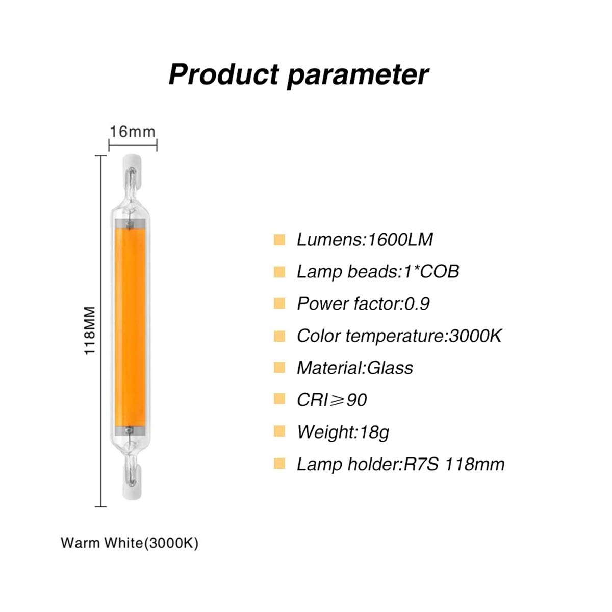 Dimmable 118MM R7S COB LED Bulbs, 20W J Type 118MM Double Ended LED Lights 120V T3 R7S Base 150W Equivalent Floodlight Replacement for Garage Lighting Floor Lamps (Warm White, 2 Pack)