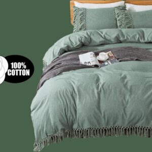 Tassels Style Sage Green Duvet Cover Set King Size (1 Duvet Cover + 2 Pillowcases) 100% Washed Cotton Soft Breathable for All Seasons