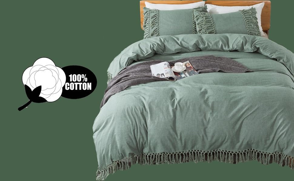 Tassels Style Sage Green Duvet Cover Set King Size (1 Duvet Cover + 2 Pillowcases) 100% Washed Cotton Soft Breathable for All Seasons