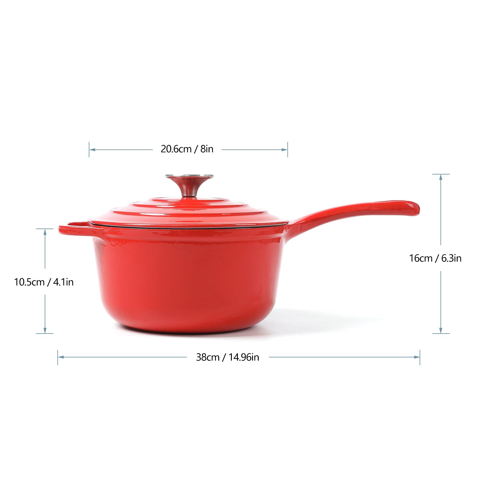 HAWOK Enameled Cast Iron Saucepan, 2.65QT Saucepan with Lid and Long Handle, Red