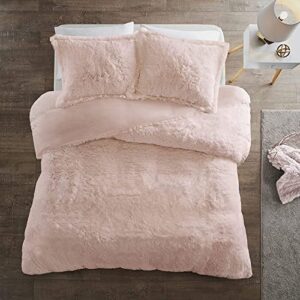 Intelligent Design Malea Shaggy Duvet with Quilted Box Design, Long Faux Fur Comforter Cover Cozy Bedding Set, Matching Shams, (Insert Not Included) Full/Queen, Blush 3 Piece, 90x90