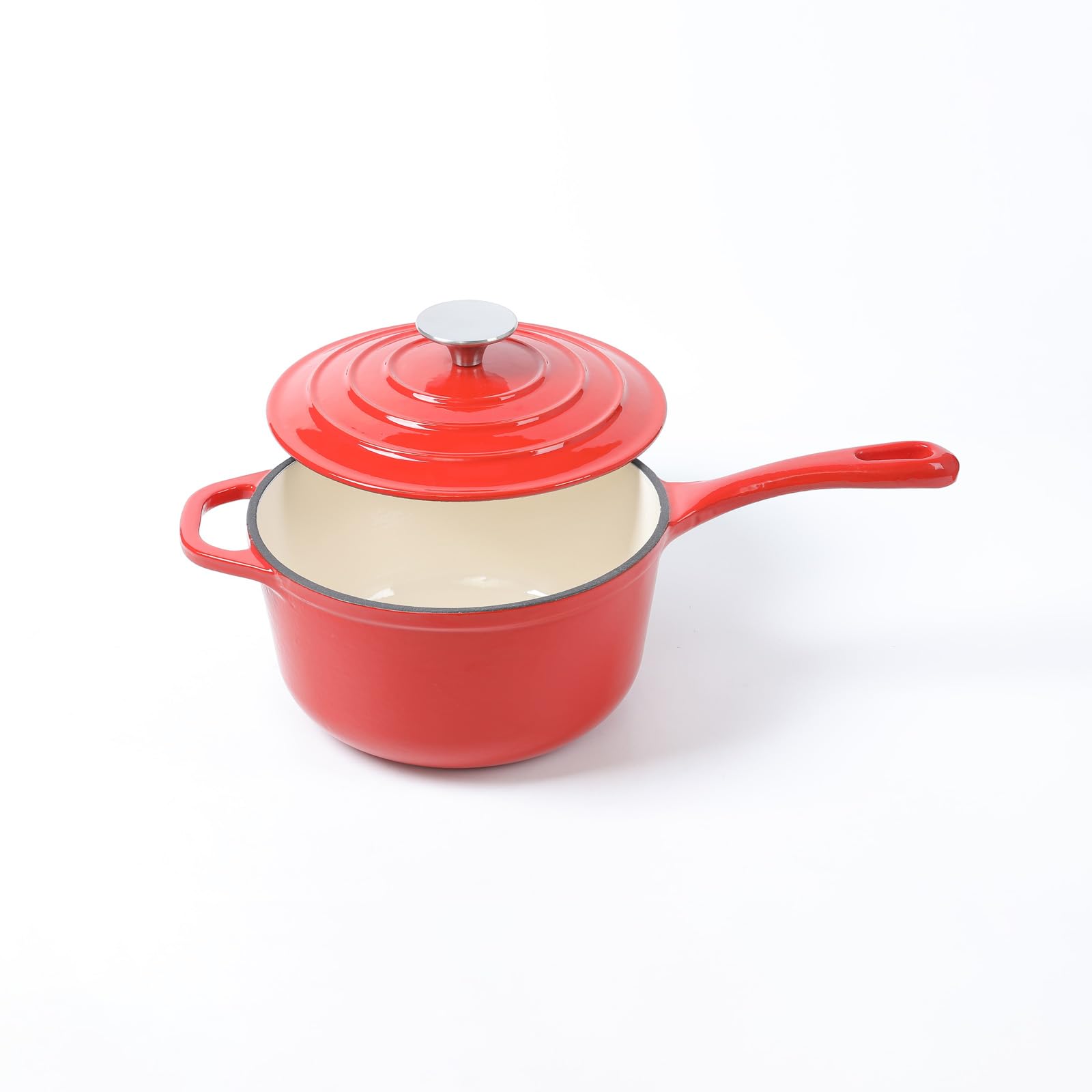 HAWOK Enameled Cast Iron Saucepan, 2.65QT Saucepan with Lid and Long Handle, Red