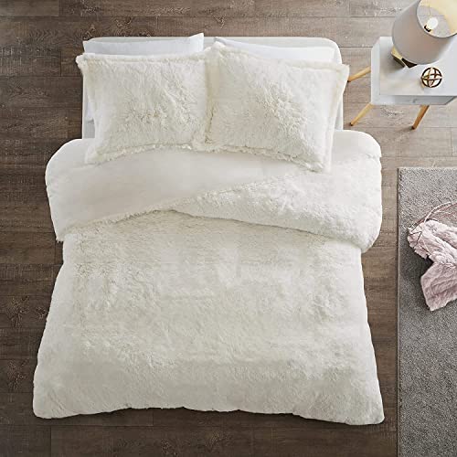 Intelligent Design Malea Shaggy Duvet with Quilted Box Design, Long Faux Fur Comforter Cover Cozy Bedding Set, Matching Shams, (Insert Not Included) Full/Queen, Ivory 3 Piece, 90x90