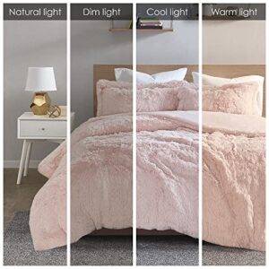 Intelligent Design Malea Shaggy Duvet with Quilted Box Design, Long Faux Fur Comforter Cover Cozy Bedding Set, Matching Shams, (Insert Not Included) Full/Queen, Blush 3 Piece, 90x90