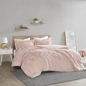 intelligent design malea shaggy duvet with quilted box design, long faux fur comforter cover cozy bedding set, matching shams, (insert not included) full/queen, blush 3 piece, 90x90