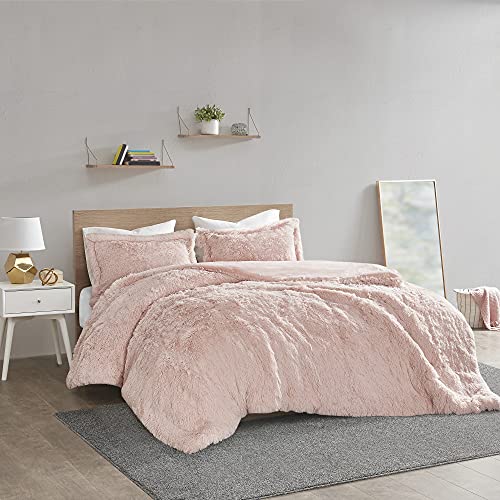 Intelligent Design Malea Shaggy Duvet with Quilted Box Design, Long Faux Fur Comforter Cover Cozy Bedding Set, Matching Shams, (Insert Not Included) Full/Queen, Blush 3 Piece, 90x90