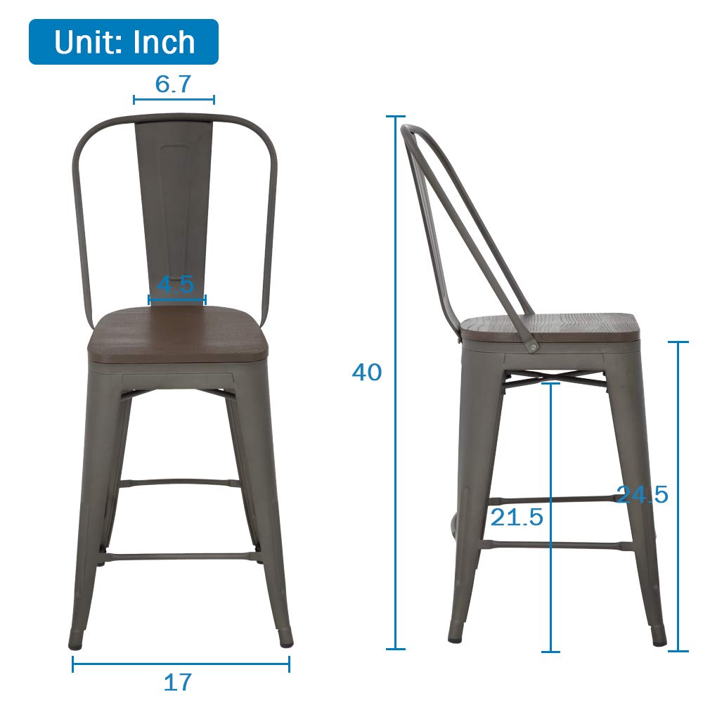 FDW Metal Bar Stool Set of 4 Counter Height Barstool with Back 24 Inches Wood Seat Height Industrial Bar Chairs Patio Stool Stackable Modern Kitchen Stool Indoor Outdoor Kitchen Stools (Bronze)