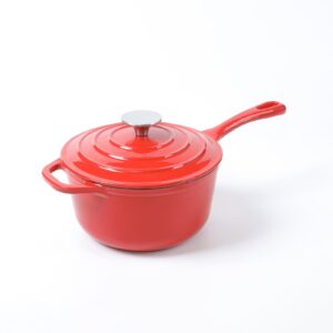 hawok enameled cast iron saucepan, 2.65qt saucepan with lid and long handle, red