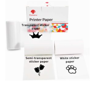 phomemo 3 roll adhesive thermal sticker paper, white/transparent/semi-transparent thermal paper,for phomemo m02/m02 pro/m02s/m03/m03as/m04s mini bluetooth pocket printer, 50-53mm width,2.5-3.5m length