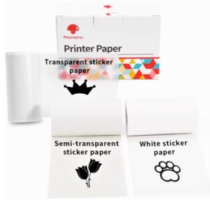 Phomemo 3 Roll Adhesive Thermal Sticker Paper, White/Transparent/Semi-Transparent Thermal Paper,for Phomemo M02/M02 Pro/M02S/M03/M03AS/M04S Mini Bluetooth Pocket Printer, 50-53mm Width,2.5-3.5m Length