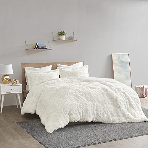 Intelligent Design Malea Shaggy Duvet with Quilted Box Design, Long Faux Fur Comforter Cover Cozy Bedding Set, Matching Shams, (Insert Not Included) Full/Queen, Ivory 3 Piece, 90x90