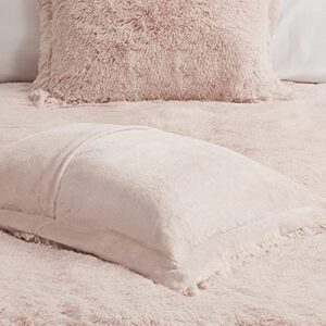 Intelligent Design Malea Shaggy Duvet with Quilted Box Design, Long Faux Fur Comforter Cover Cozy Bedding Set, Matching Shams, (Insert Not Included) Full/Queen, Blush 3 Piece, 90x90