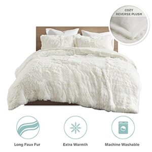 Intelligent Design Malea Shaggy Duvet with Quilted Box Design, Long Faux Fur Comforter Cover Cozy Bedding Set, Matching Shams, (Insert Not Included) Full/Queen, Ivory 3 Piece, 90x90