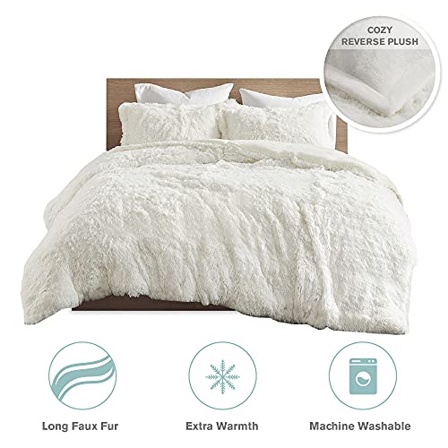 Intelligent Design Malea Shaggy Duvet with Quilted Box Design, Long Faux Fur Comforter Cover Cozy Bedding Set, Matching Shams, (Insert Not Included) Full/Queen, Ivory 3 Piece, 90x90