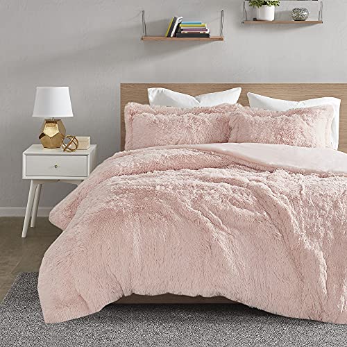 Intelligent Design Malea Shaggy Duvet with Quilted Box Design, Long Faux Fur Comforter Cover Cozy Bedding Set, Matching Shams, (Insert Not Included) Full/Queen, Blush 3 Piece, 90x90