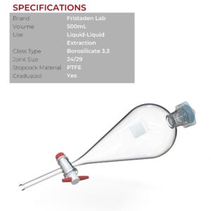 American Fristaden Lab 500mL Separatory Funnel with PTFE Stopcock Valve | Lab Quality Borosilicate Glass | 24/29 Joint Size | Separation Funnel for Lab Use