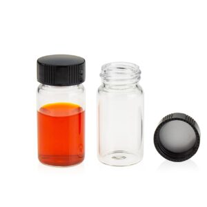 pekybio clear glass sample vial, liquid sampling sample glass bottle, 20 ml (0.67oz) capacity, 24-400 thread black closed top cap,pe liner, pack of 100