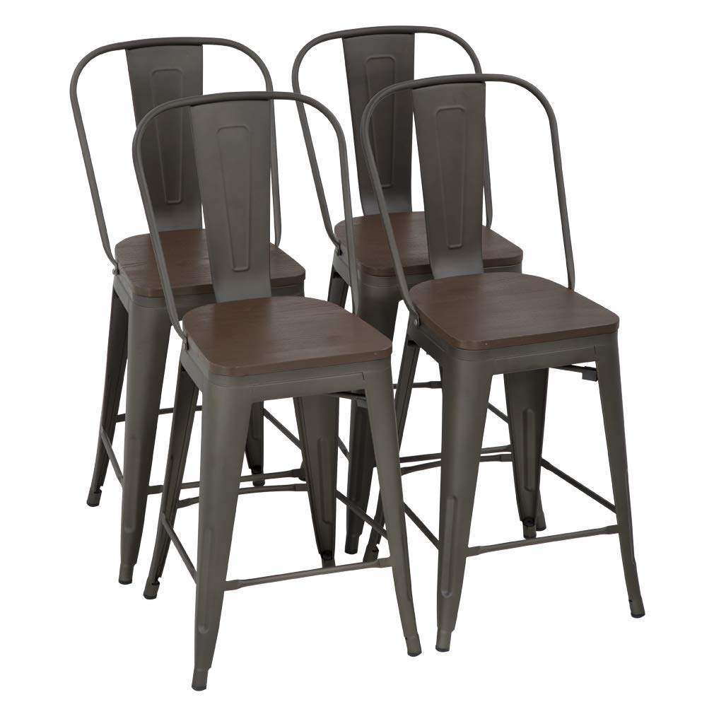 FDW Metal Bar Stool Set of 4 Counter Height Barstool with Back 24 Inches Wood Seat Height Industrial Bar Chairs Patio Stool Stackable Modern Kitchen Stool Indoor Outdoor Kitchen Stools (Bronze)