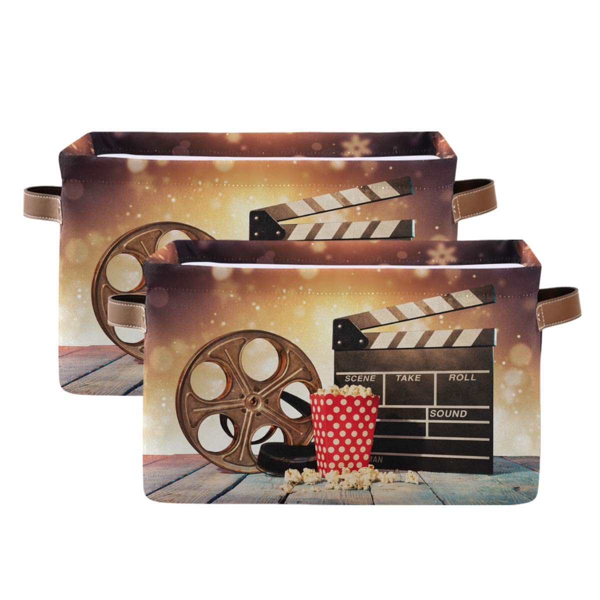 HMZXZ QMXO Film Popcorn Movie Clapboard Canvas Fabric Storage Basket Collapsible Toys Storage Bin with PU Leather Handles Basket Box Organizer for Wardrobe Closet Shelves Organiser