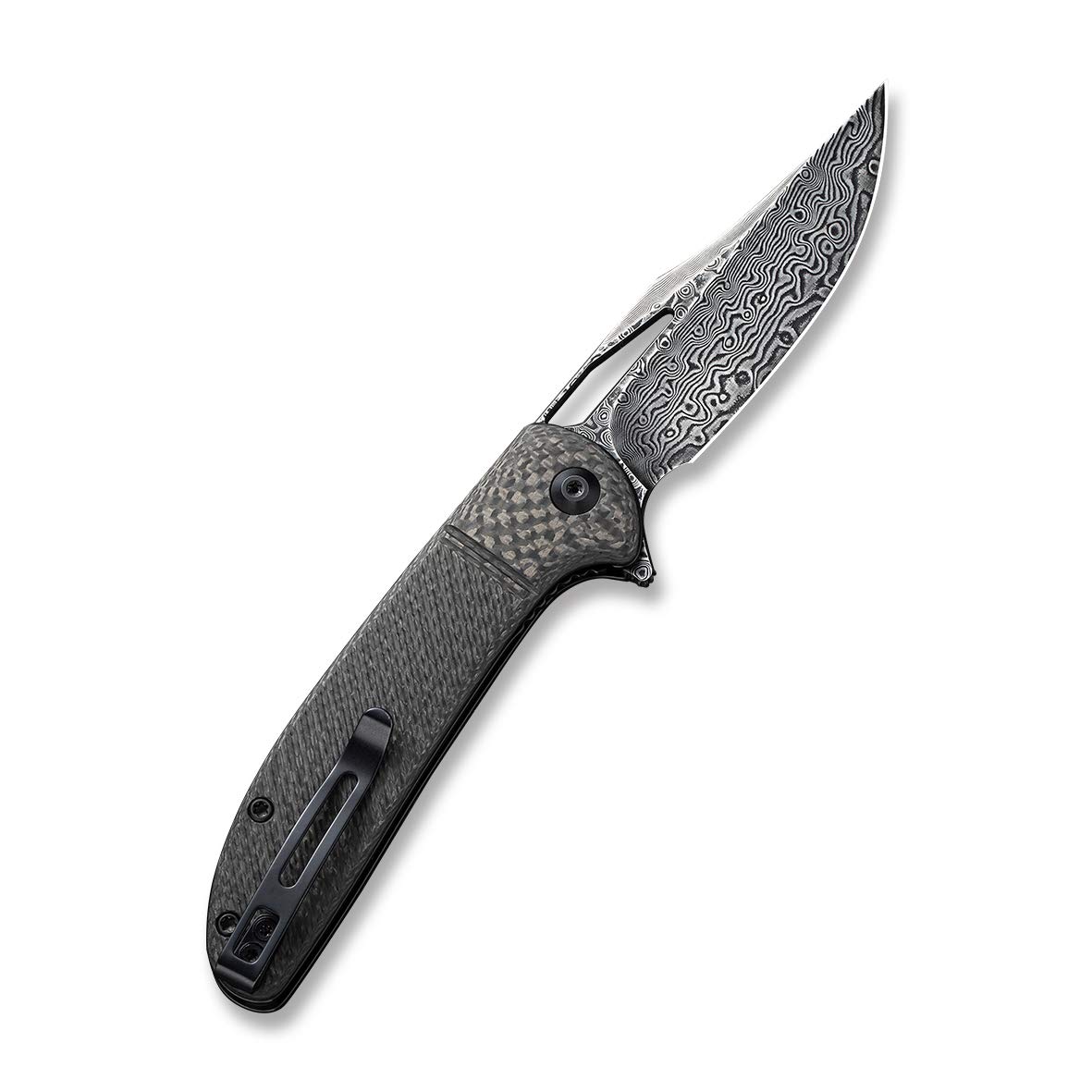 CIVIVI Ortis Flipper Pocket Knife Twill Carbon Fiber Handle (3.25" Black Hand Rubbed Damascus) C2013DS-1