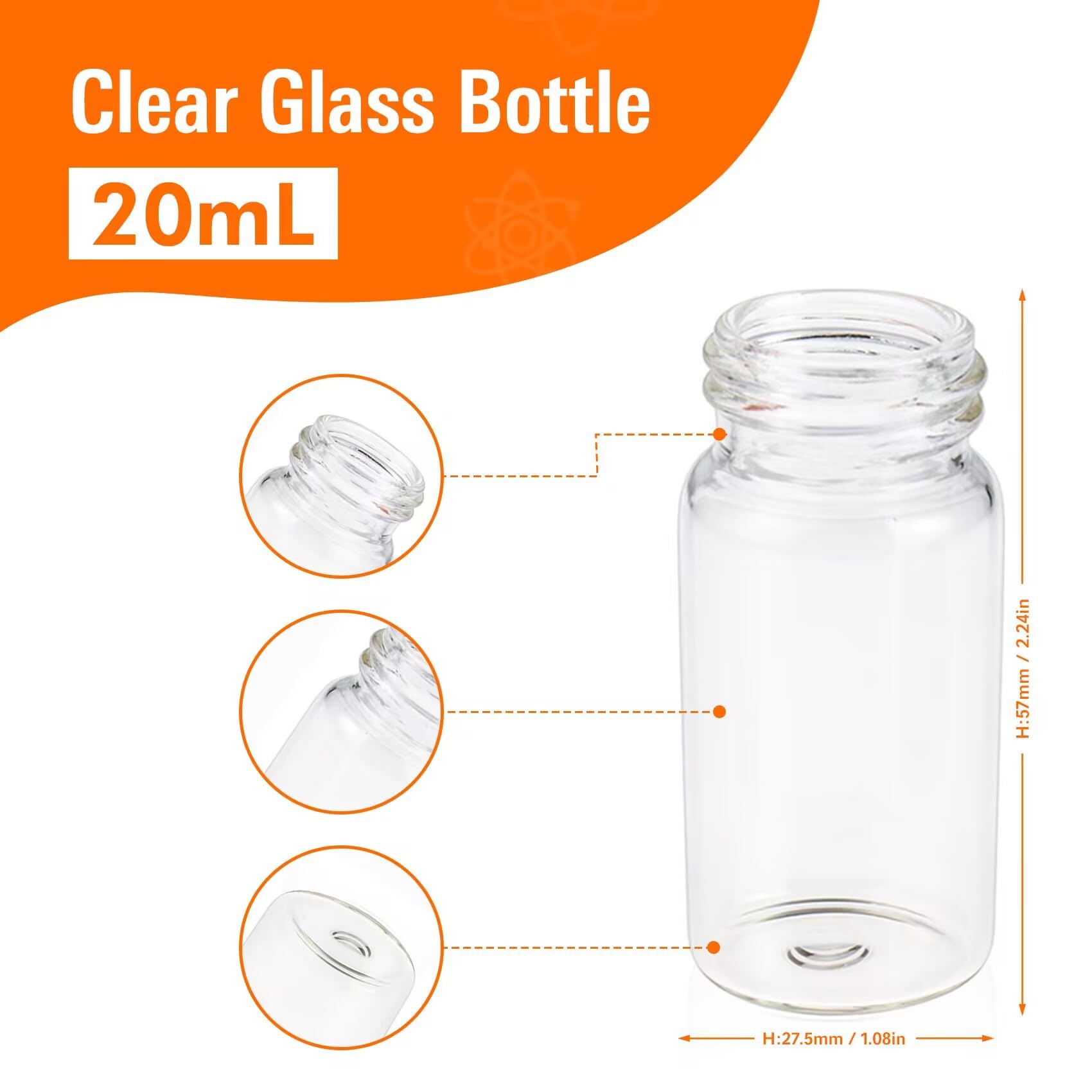 PEKYBIO Clear Glass Sample Vial, Liquid Sampling Sample Glass Bottle, 20 ml (0.67OZ) Capacity, 24-400 Thread Black Closed Top Cap,PE liner, Pack of 100