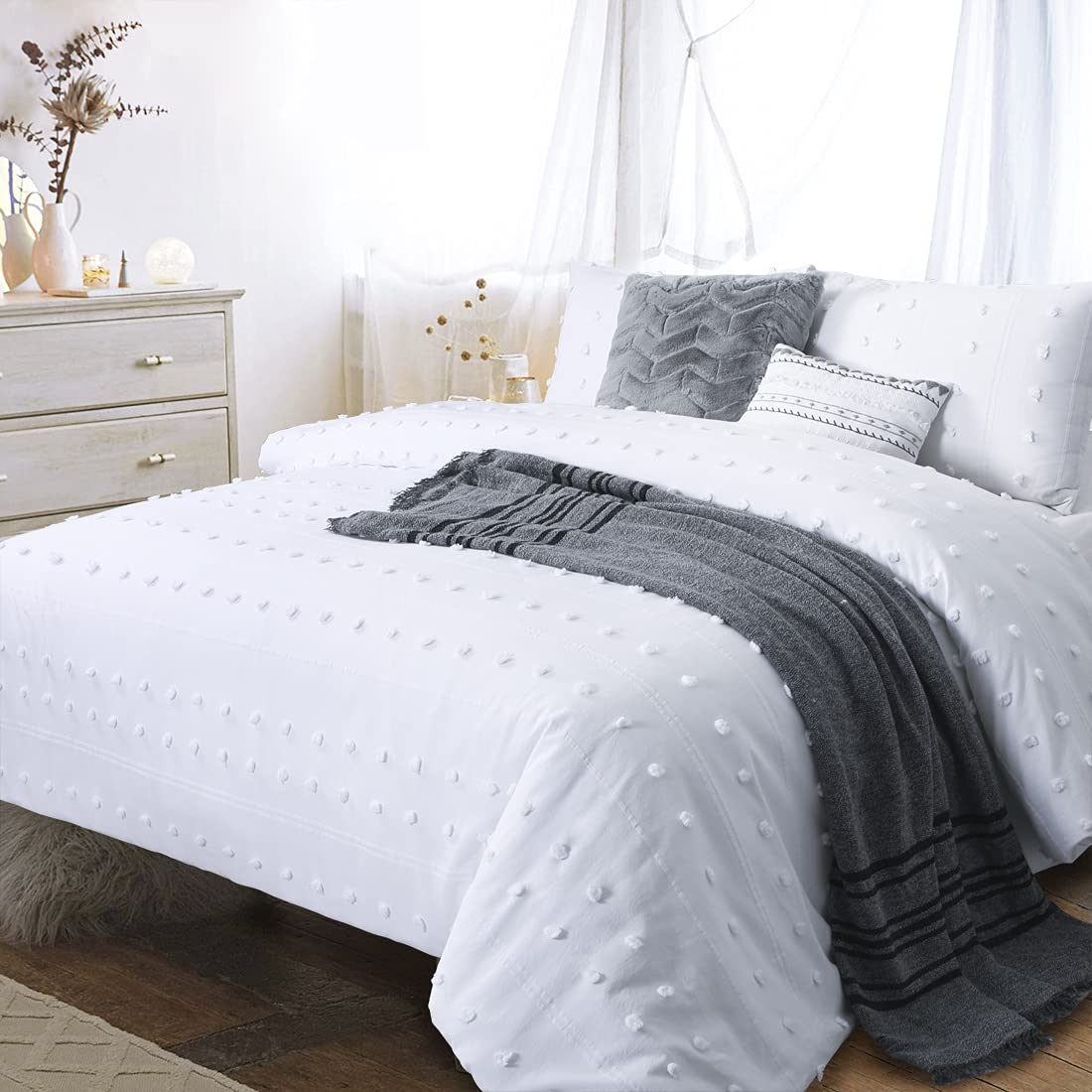 YINFUNG Tufted Duvet Cover White Queen Boho Textured Dot Stripe Moroccan Clipped Cute 100 Cotton Minimalist Bohemian Quilt Cover Bedding Set 90x90 Embroidered